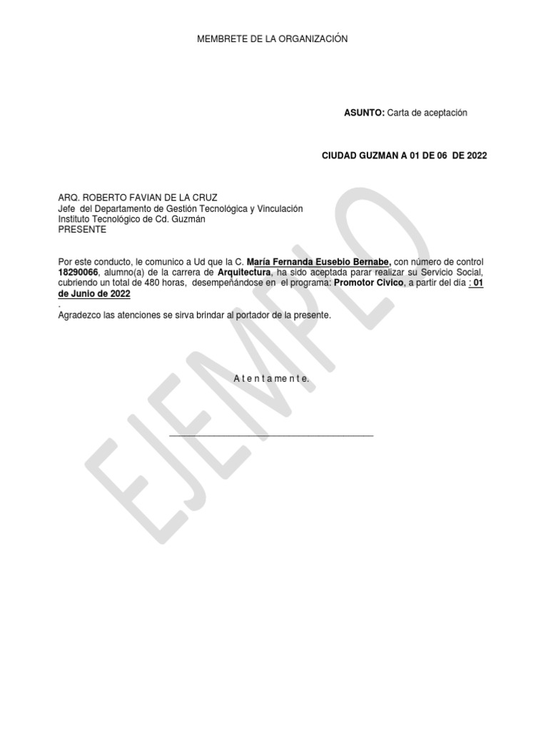 Carta de Aceptacion Ejemplo | PDF