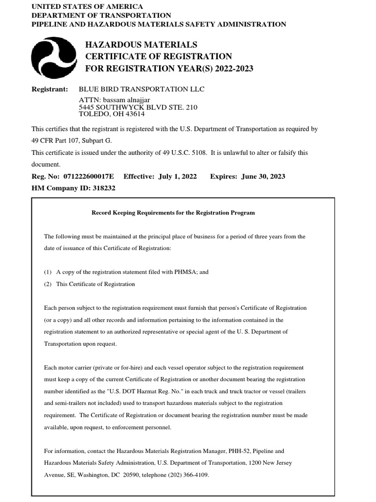 Hazmat Certificate of Registration 2022-2023 | PDF