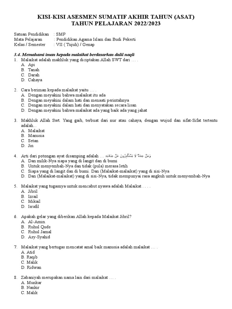 Kisi-Kisi Soal Pai | PDF