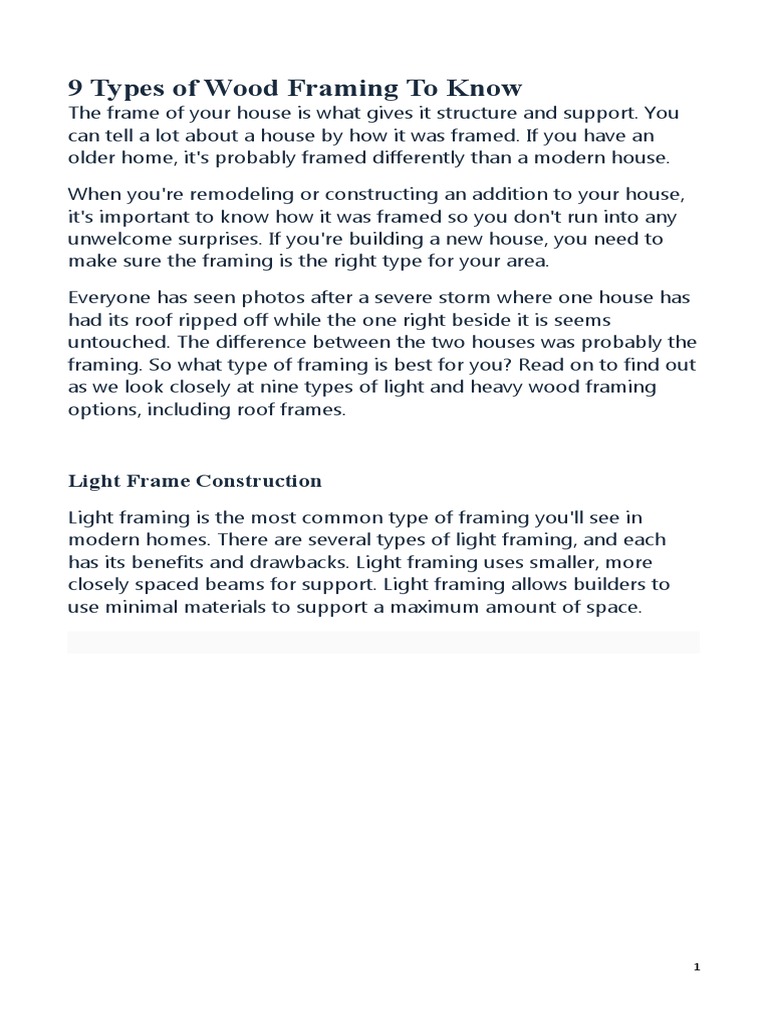 9 Types of Wood Framing Explained | PDF | Framing (Construction) | Truss