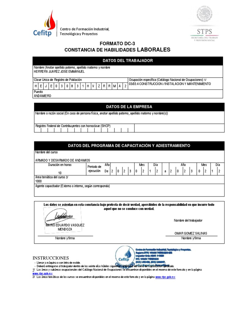 Formato Dc3 Armado de Andamios | PDF