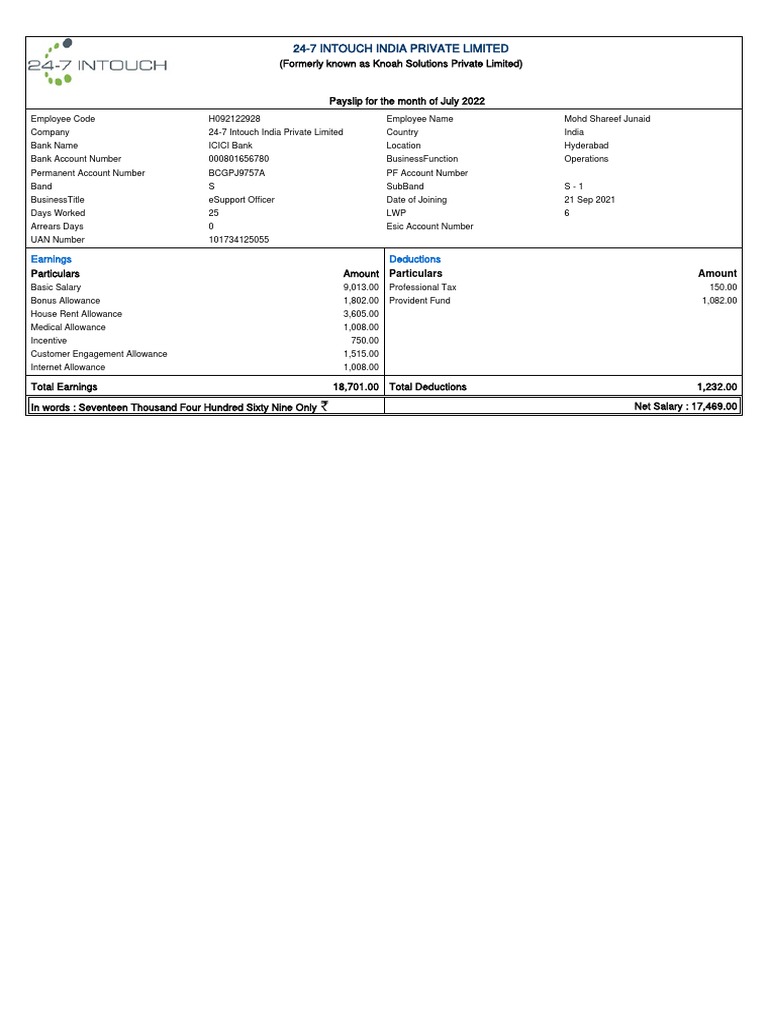 July 2022 Payslip - 24-7 Intouch | PDF | Employee Relations | Government
