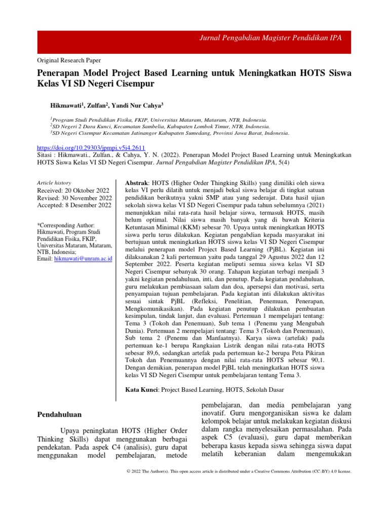 Penerapan Model Project Based Learning Untuk Meningkatkan HOTS Siswa Kelas VI SD Negeri Cisempur ...
