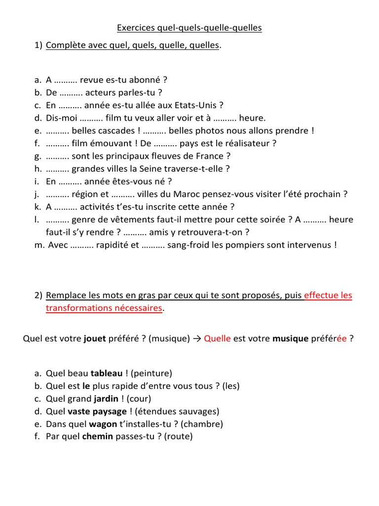 Exercices sur quel-quels-quelle-quelles | PDF