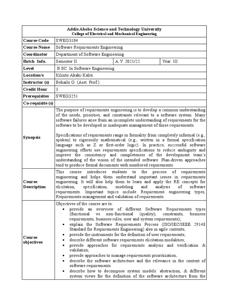 Software Requirements Eng-Course Outlines | PDF