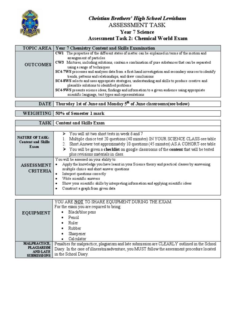 2023 YEAR 7 Science Task 2 Notification | PDF