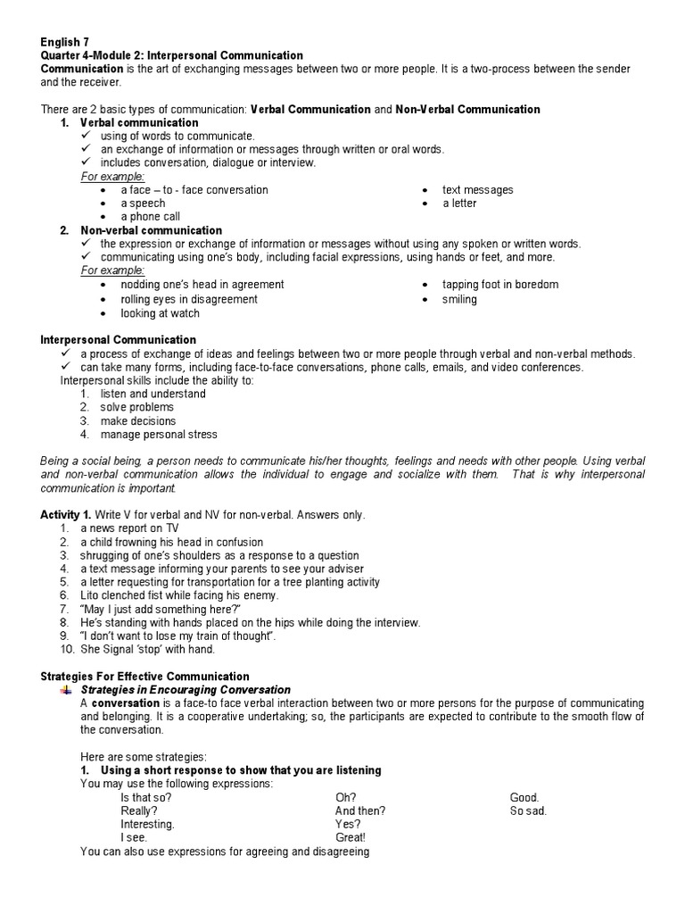 Eng 7 Q4 Module 2 Summary | PDF | Communication | Nonverbal Communication