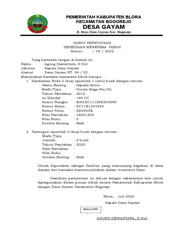 Surat Pernyataan Hibah Desa Gayam | PDF