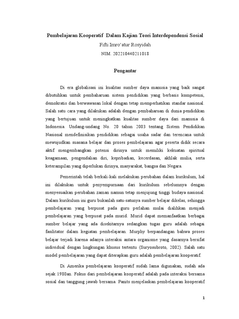 Pembelajaran Kooperatif Dan Teori Interdependensi Sosial | PDF