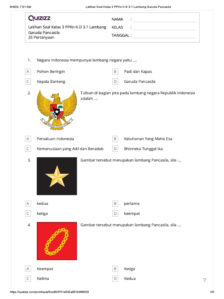 Latihan Soal Kelas 3 PPKN K.D 3.1 Lambang Garuda Pancasila | PDF