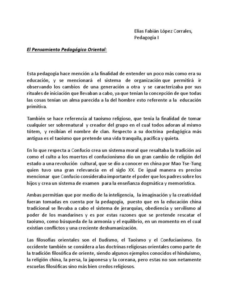 Pensamiento Pedagógico Oriental y Griego | PDF