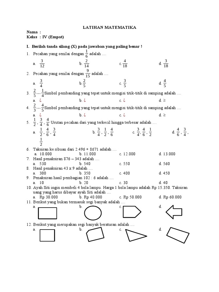 LATIHAN Matematika Kelas 4 Semester 1 | PDF