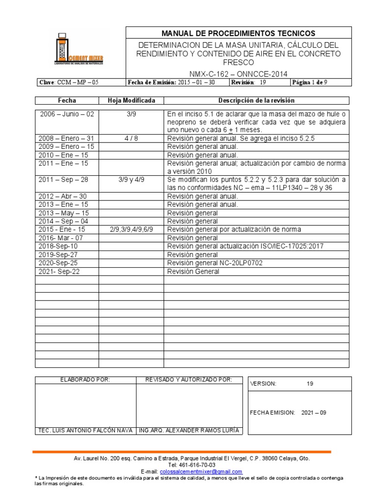 CCM-MP-05Determinacióndelamasaunitariayredimientodeconceto (Rev DEM 20220905) | PDF | Hormigón ...