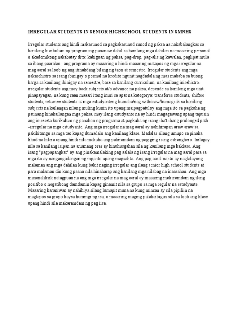 Irregular Students in Senior Highschool Students in SMNHS | PDF