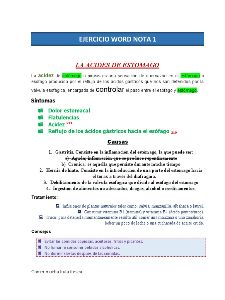 Ejercicio Word Nota 1 - Olga Melendez | PDF | Acidez | Medicina CLINICA