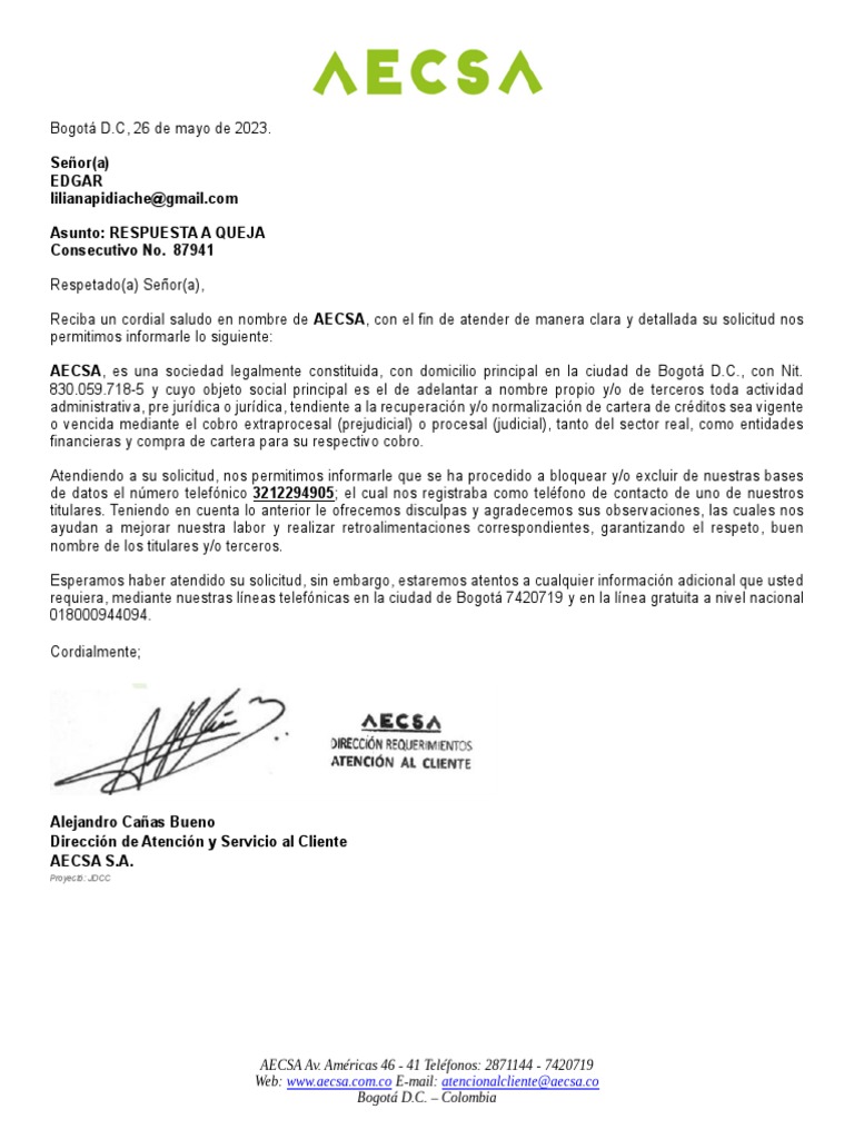 AECSA Av. Américas 46 - 41 Teléfonos: 2871144 - 7420719 Web: E-Mail ...