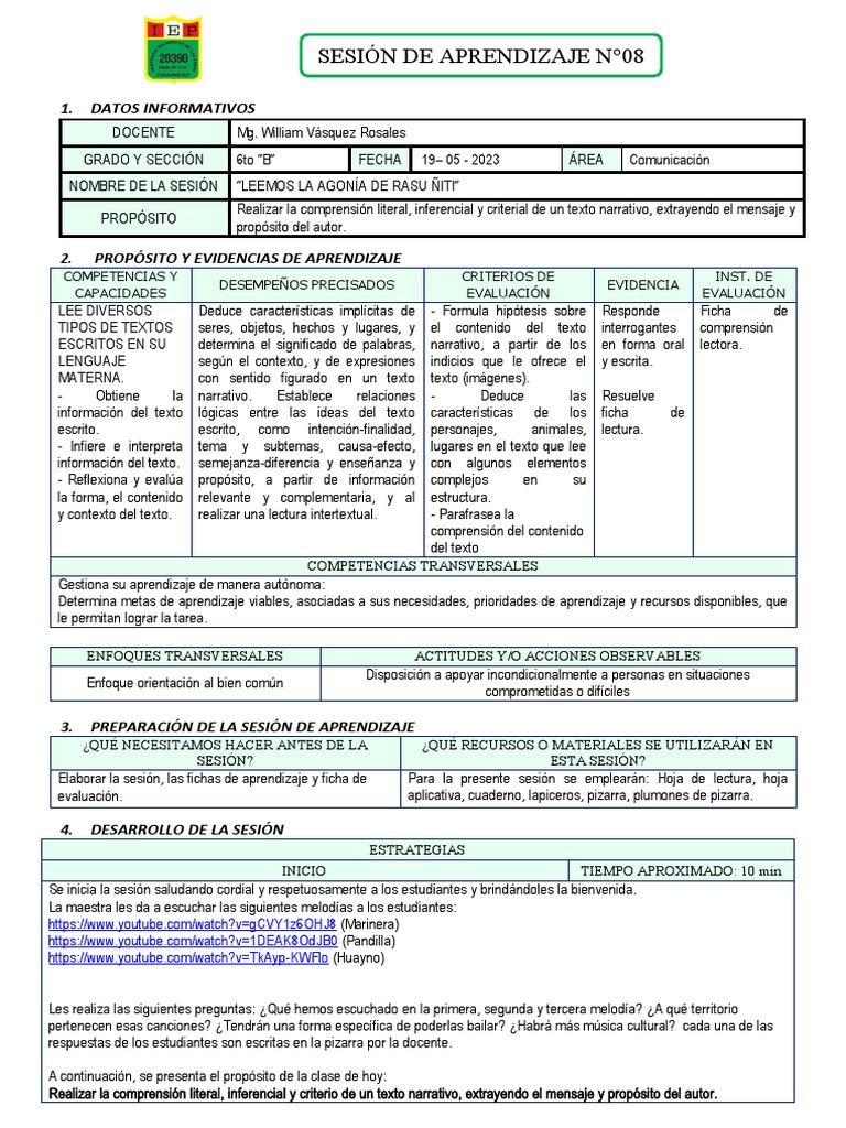 Sesión 8 - Leemos La Agonía de Rasu - Ñiti | PDF | Aprendizaje | Evaluación