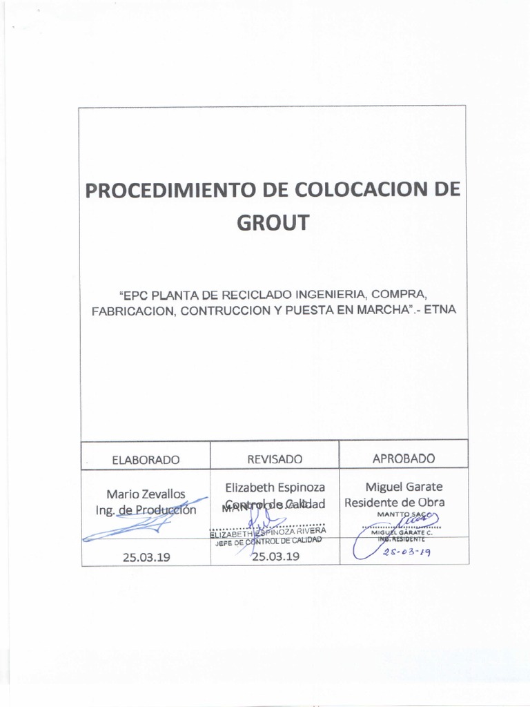 Procedimiento de Colocación de Grout Rev 0 (Revisado) | PDF