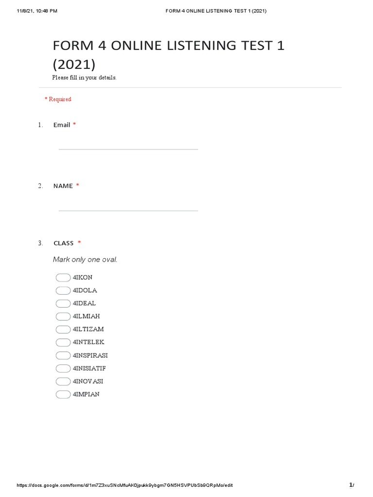 Form 4 Online Listening Test 1 (2021) - Google Forms | PDF