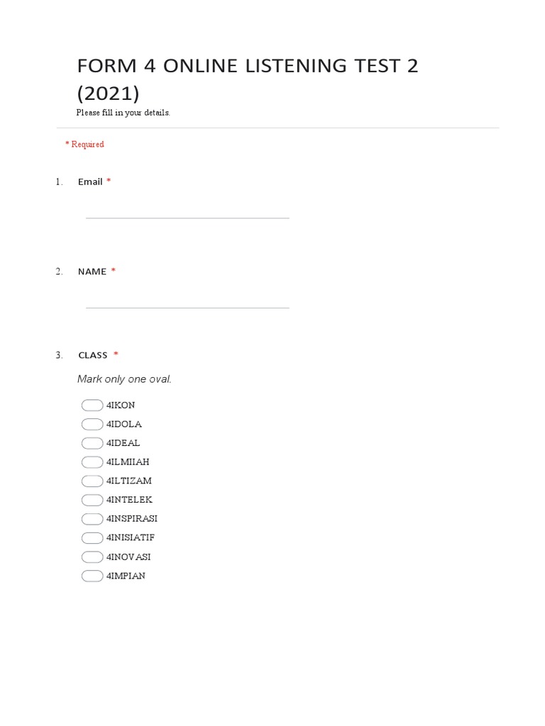 Form 4 Online Listening Test 2 (2021) - Google Forms | PDF