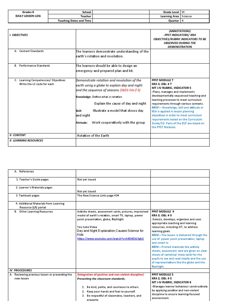 Cot DLP Science-6 Earths-Rotation | PDF | Educational Assessment | Curriculum