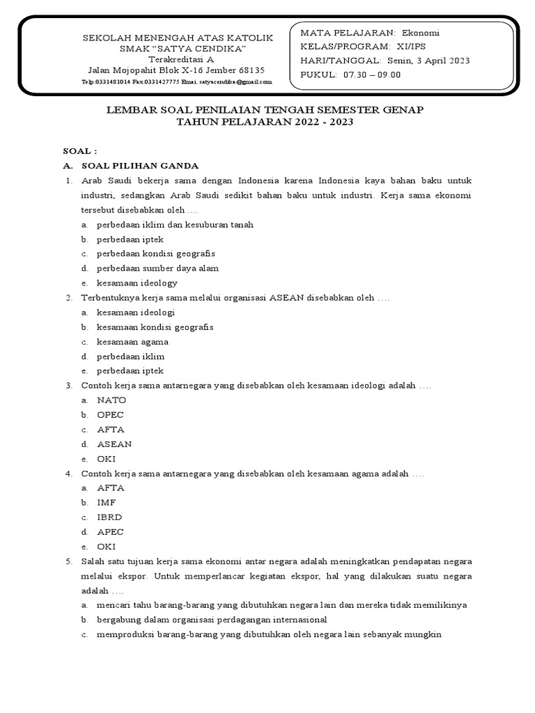 Soal PTS Genap Ekonomi Kelas Xi Ips Ta 2022-2023 | PDF