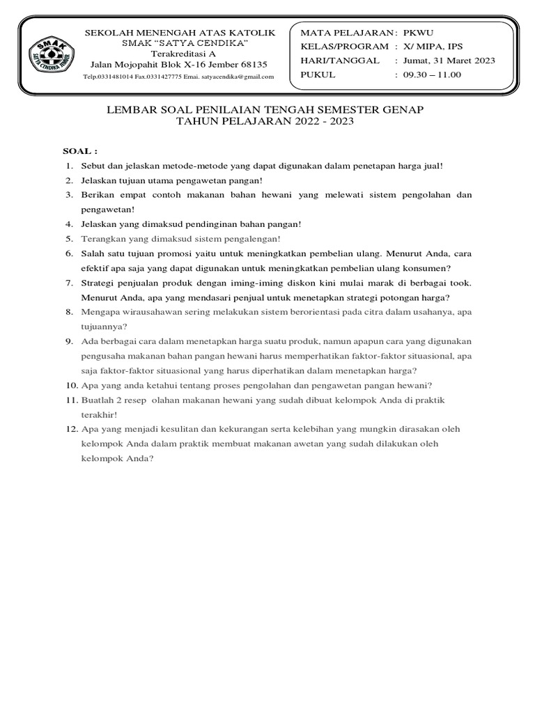 Soal PTS Genap Pkwu Kelas X Ta 2022-2023 | PDF