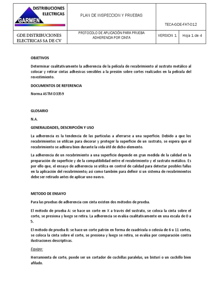 Protocolo de Prueba de Adherencia ASTM D3359 | PDF | Adhesión ...