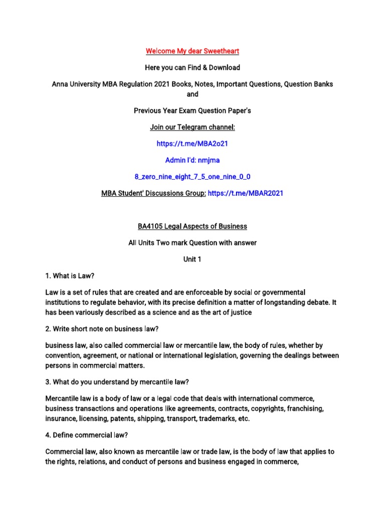 BA4105 Legal Aspects of Business All Units 2 Mark Question and Answer | PDF | Taxes | Value ...