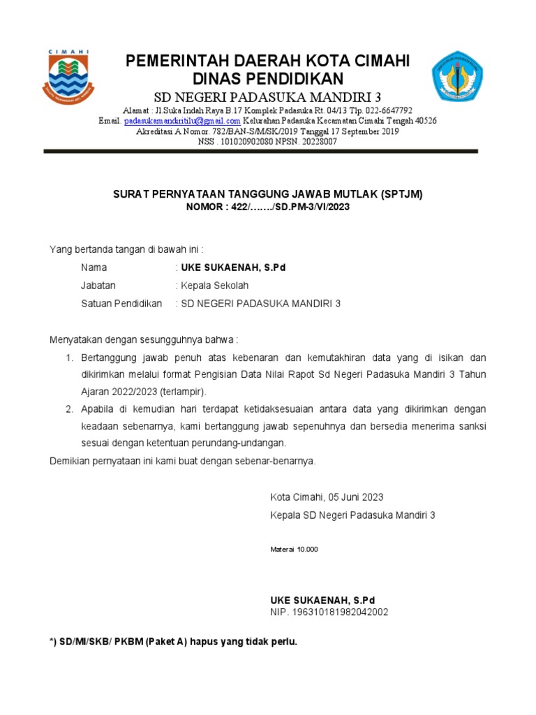 SPTJM Format Nilai Rapot Kelas 6 2022-2023 | PDF