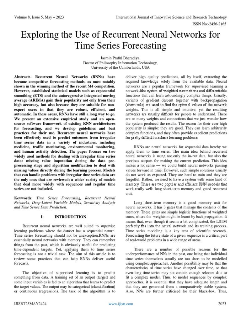 Exploring The Use Of Recurrent Neural Networks For Time Series Forecasting Pdf Time Series
