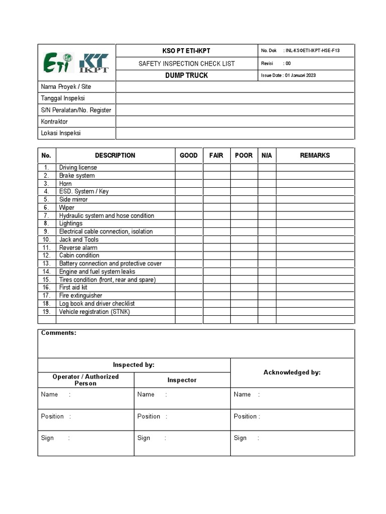 013-Inspection Form-ETI-IKPT-HSE-DUMP TRUCK | PDF