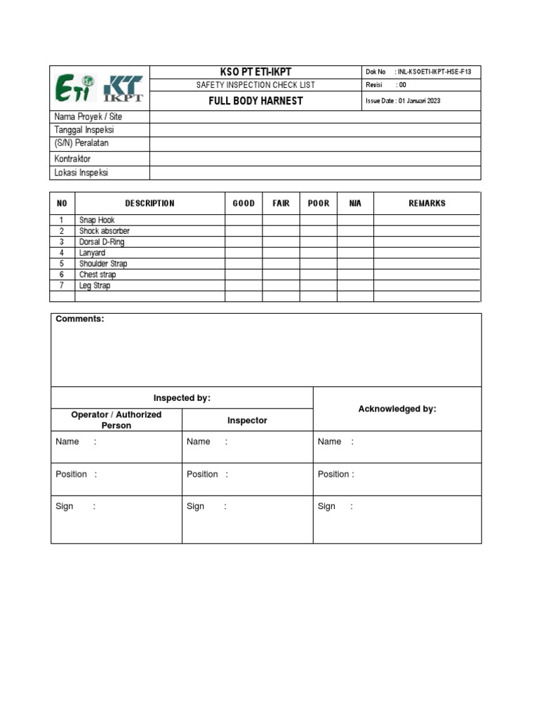 010-Inspection Form-ETI-IKPT-HSE-FBH-Full Body Harness | PDF