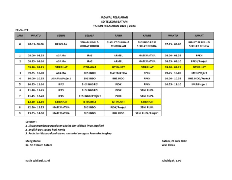 JADWAL 2022-2023 Kelas IVB Terbaru | PDF