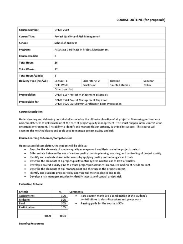course_outline_sample_oct2023 | PDF | Project Management | Risk