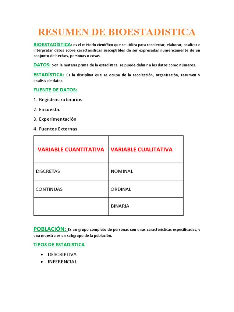 Resumen de Bioestadistica | PDF | Muestreo (Estadísticas) | Estadísticas