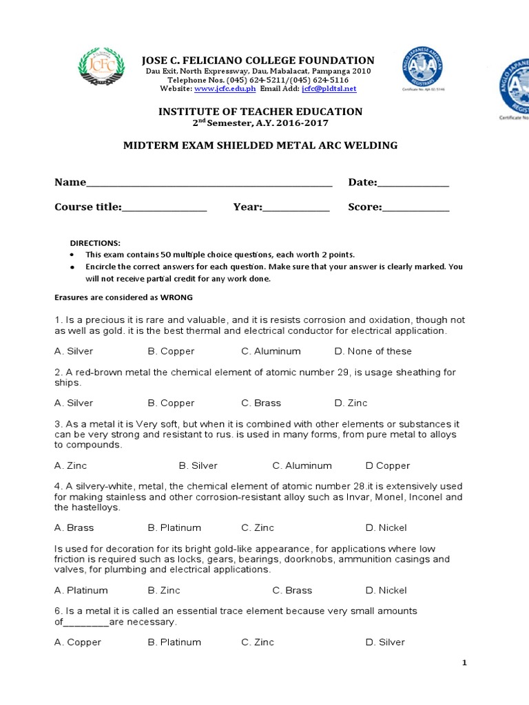 MIDTERM-smaw Exam | PDF | Construction | Welding