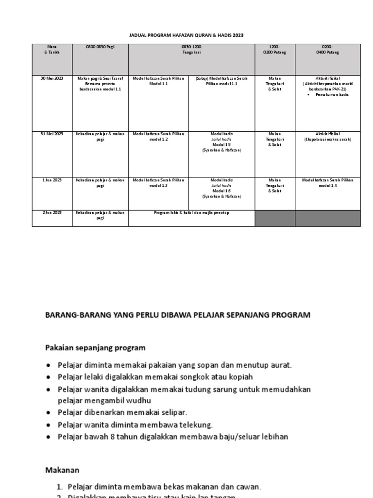 Tentatif Program Hafazan Quran dan Hadis | PDF