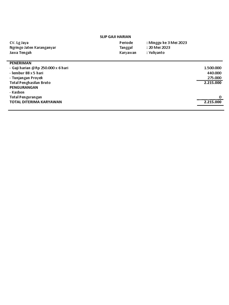 Slip Gaji Harian Karyawan CV. Lg Jaya | PDF