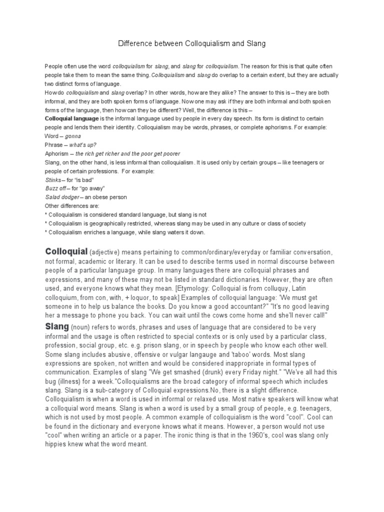 Colloquialism vs. Slang Explained | PDF | Slang | Word
