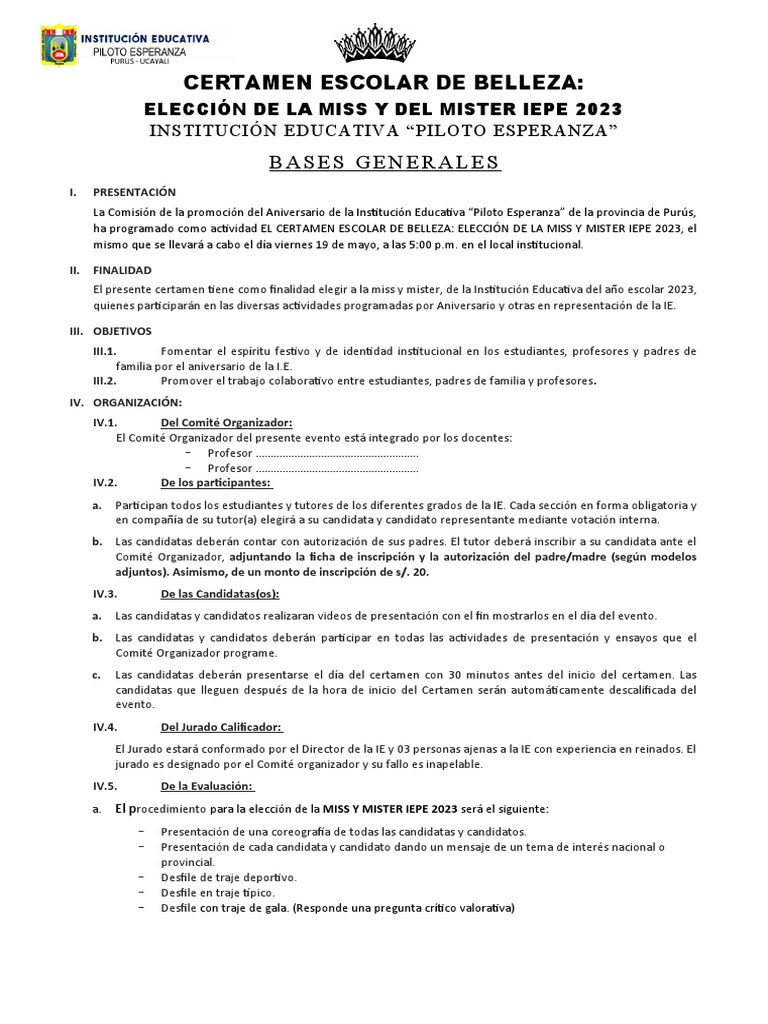 Bases Del Concurso Miss y Mister Iepe 2023 | PDF