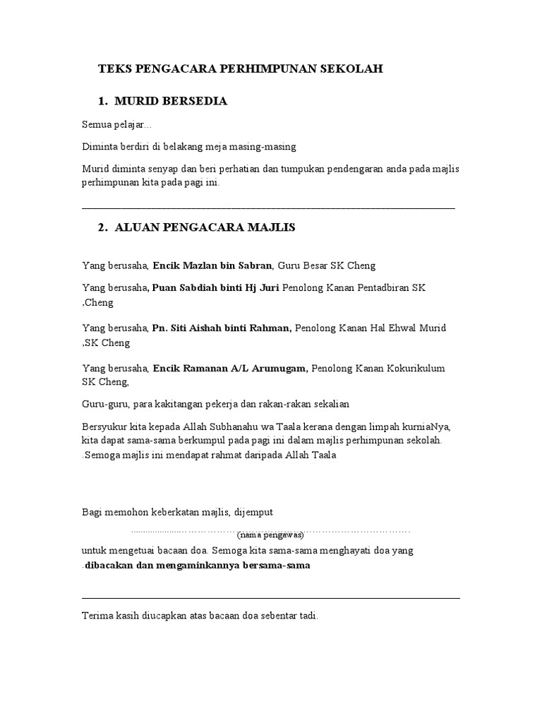 Teks Pengacara Perhimpunan Sekolah | PDF