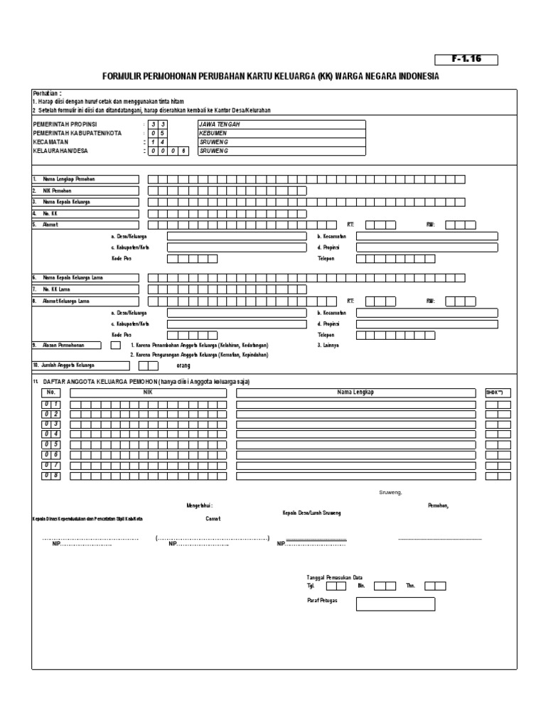F-1.16 Formulir Permohonan Perubahan Kartu Keluarga (KK) Warga Negara ...