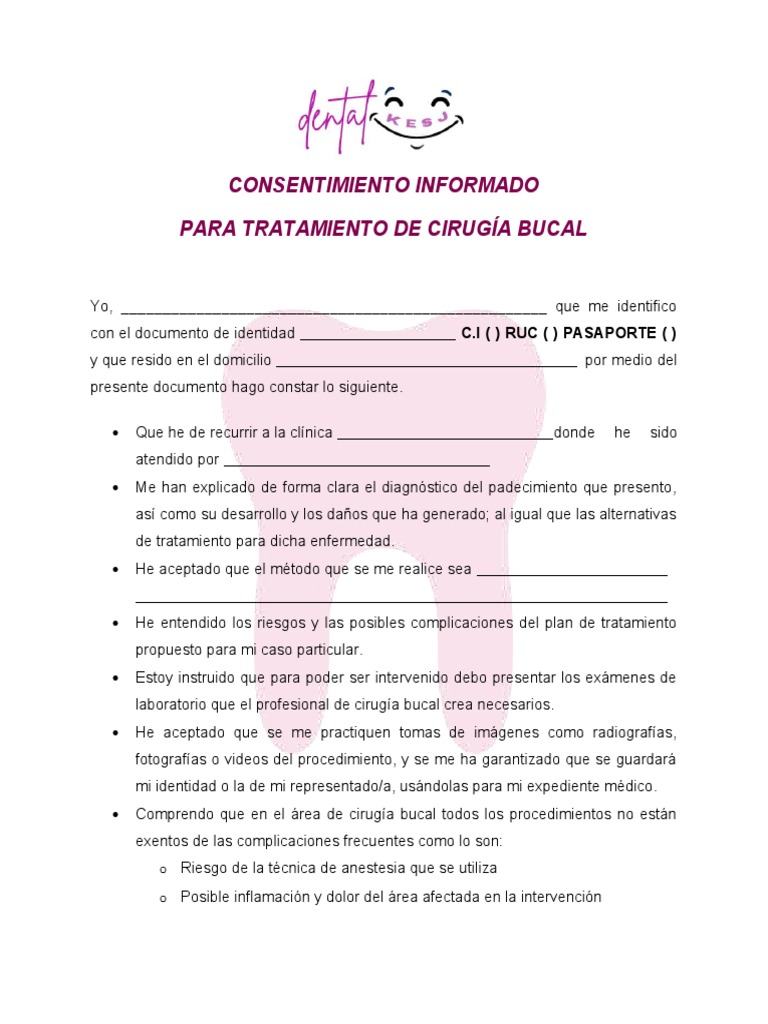Consentimiento Informado para Tratamiento de Cirugia Bucal | PDF ...