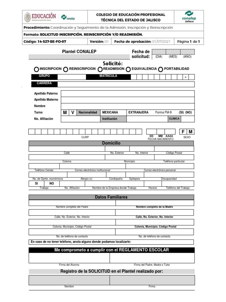 14-527-Se-Fo-07 - Formato de Solicitud de Inscripcion Re-Incripcion y ...