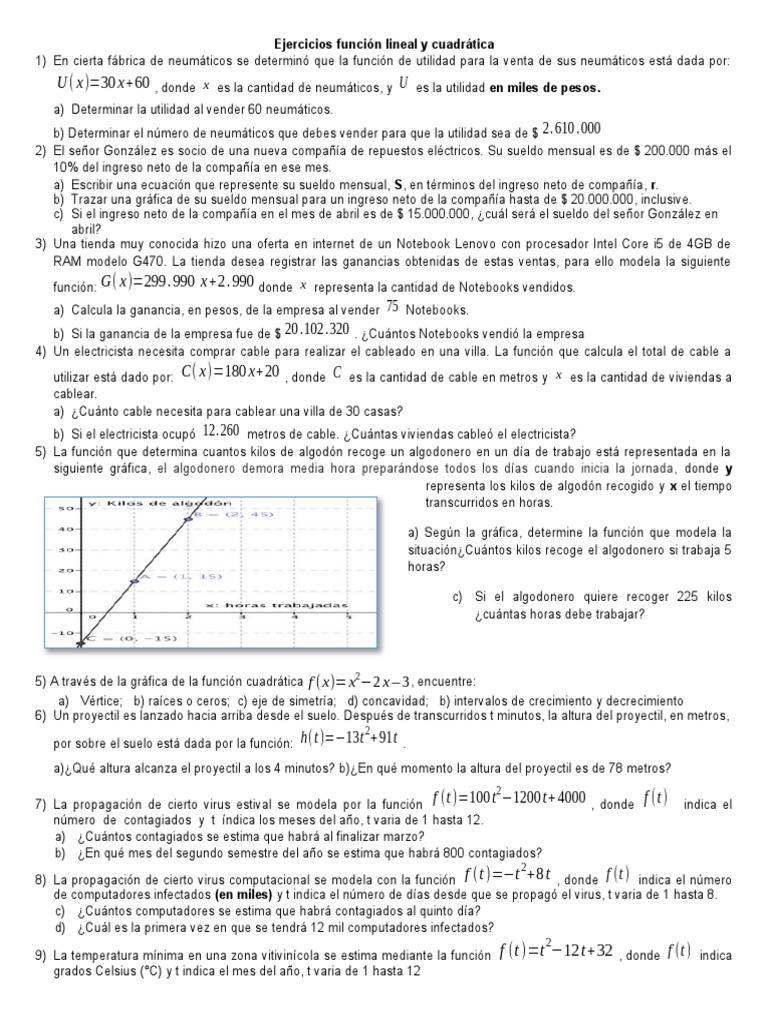 Ejercicios función lineal y cuadrática (1) | PDF