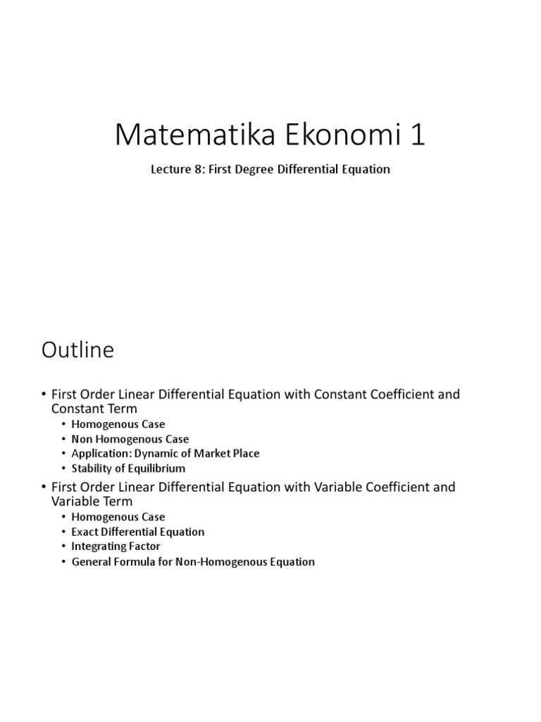 Matematika Ekonomi 1 Lecture 8 2023 | PDF | Ordinary Differential Equation | Equations