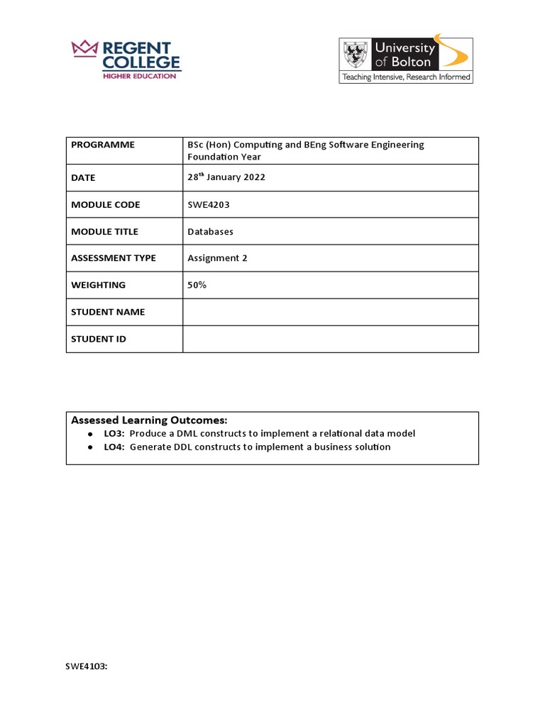 SWE4203 - Databases Assignment 2 | PDF | Theory | Argument