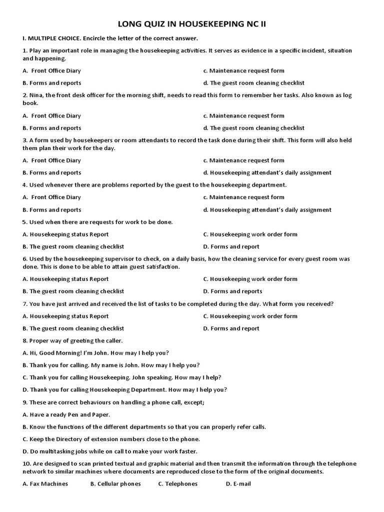Housekeeping NC II Long Quiz Guide | PDF