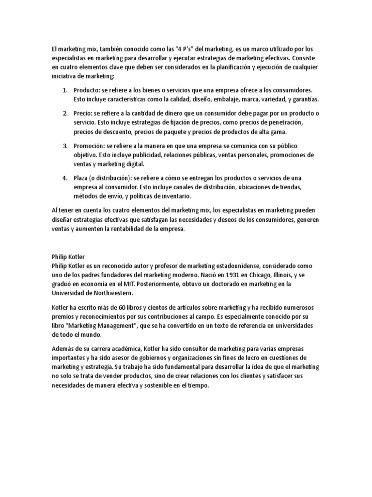 Marketing Mix y Philip Kotler | PDF | Marketing | Mercados financieros Marketing Mix y Philip Kotler | PDF | Marketing | Mercados financieros